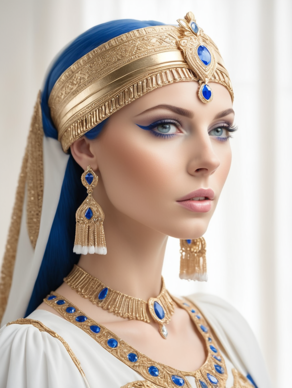 Premium Free ai Images | queen cleopatra wears royal white and blue dress