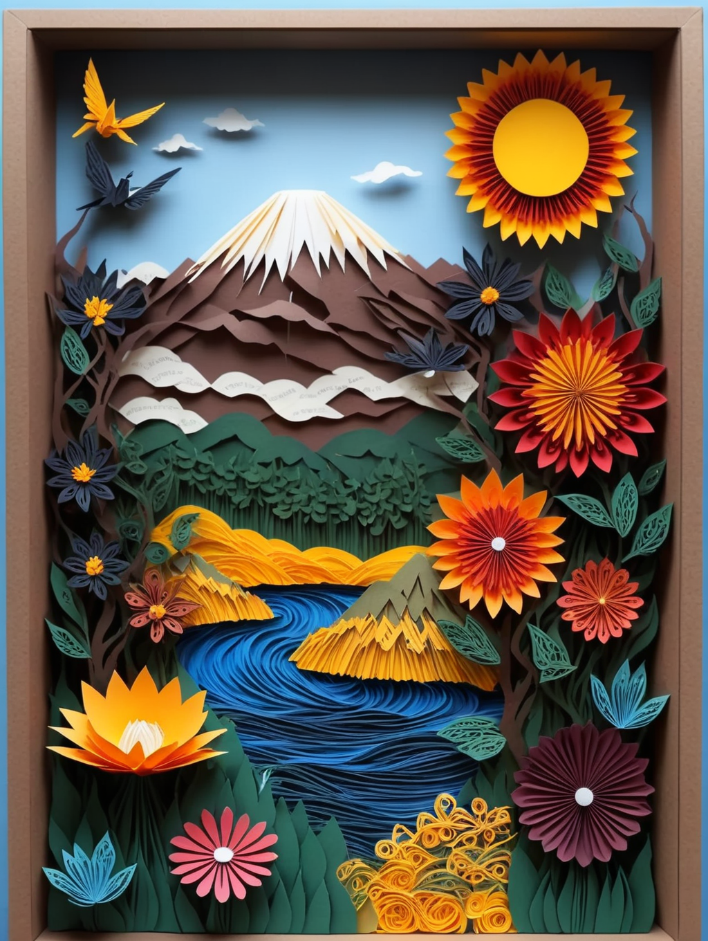 Premium Free ai Images | papercut full color nature with mountain and ...