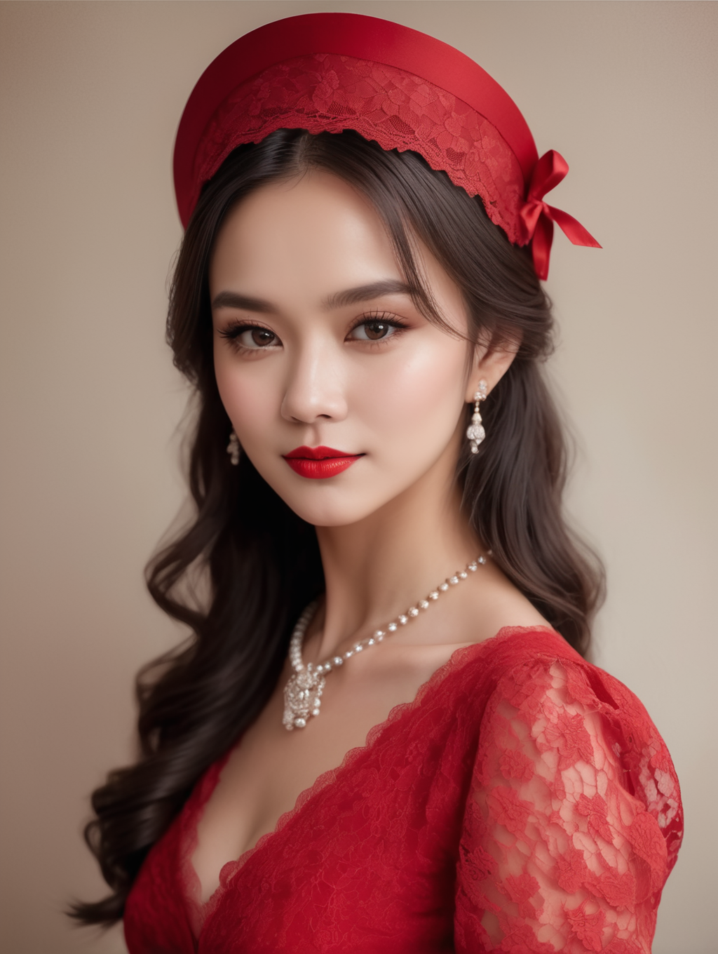 Premium Free ai Images | beautiful lady in red dress lace uju dress red ...
