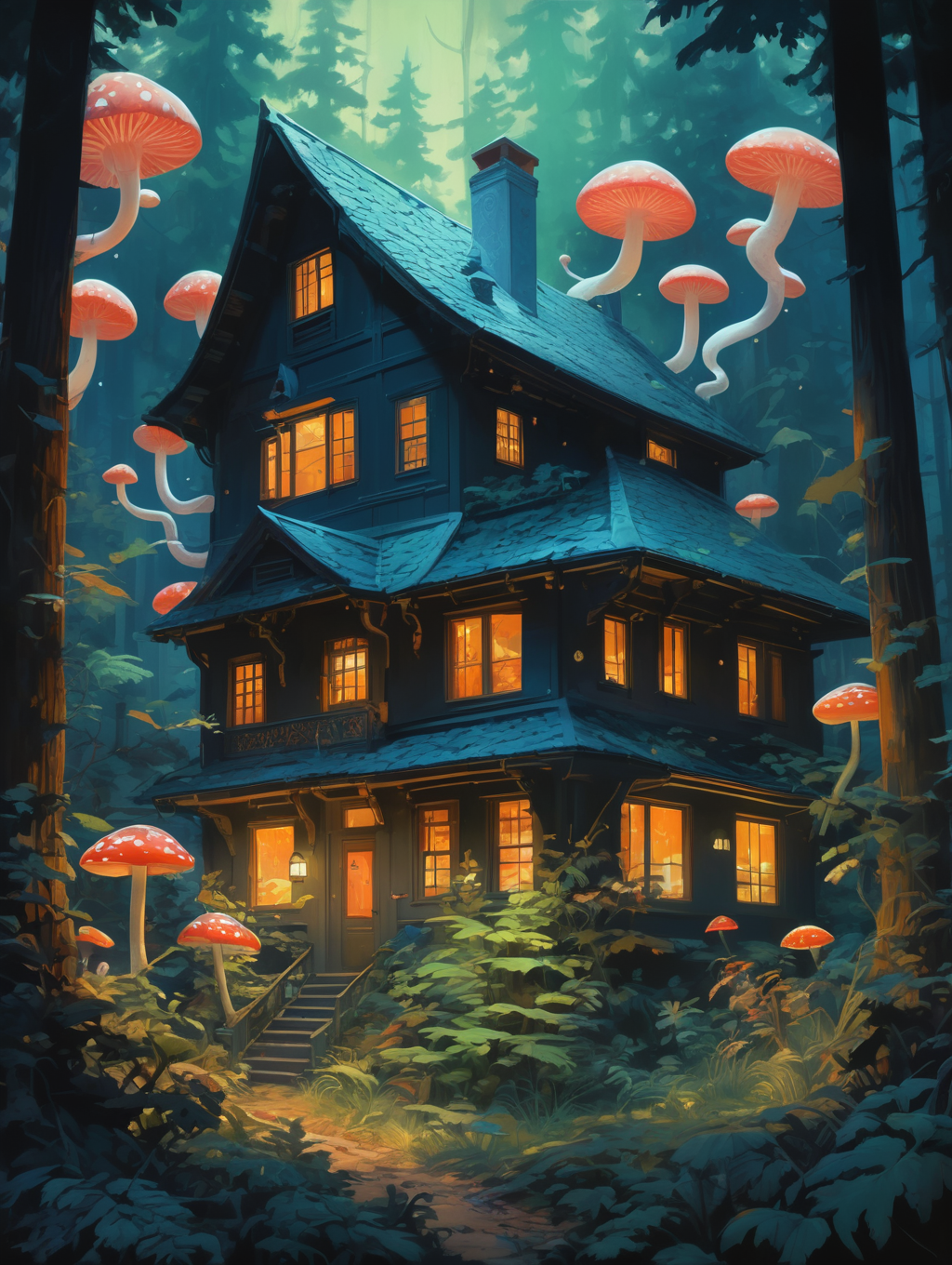 Premium Free ai Images | the house in the forest dark night leaves in ...