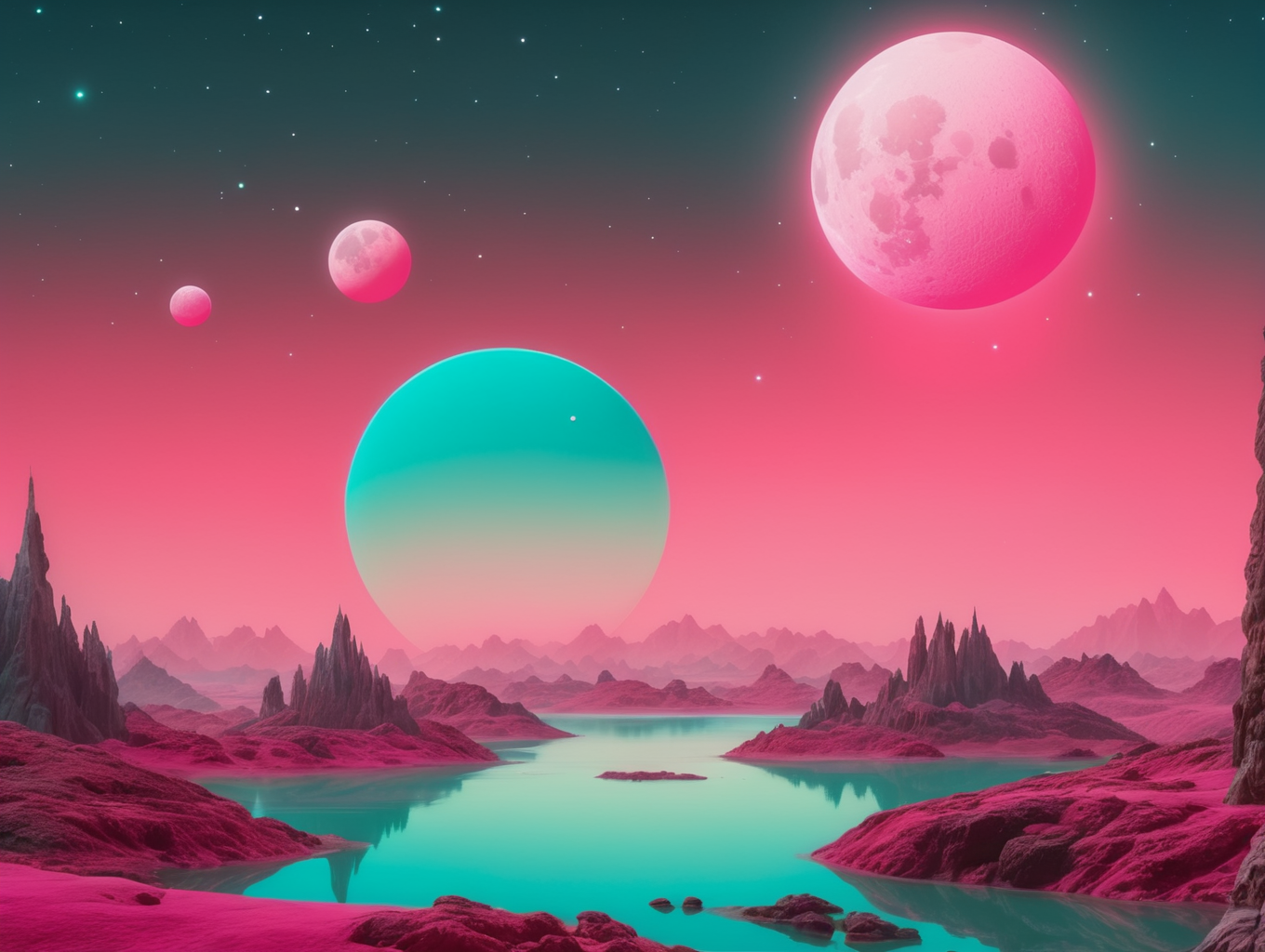 Premium Free ai Images | neon pink and teal planet landscape two moons ...
