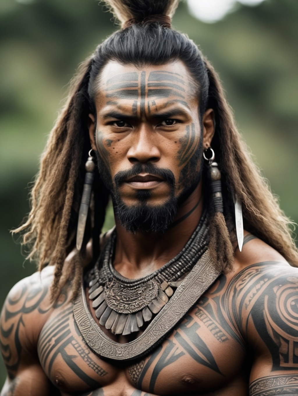 Premium Free ai Images | long hair brave warrior man sharp knife body ...