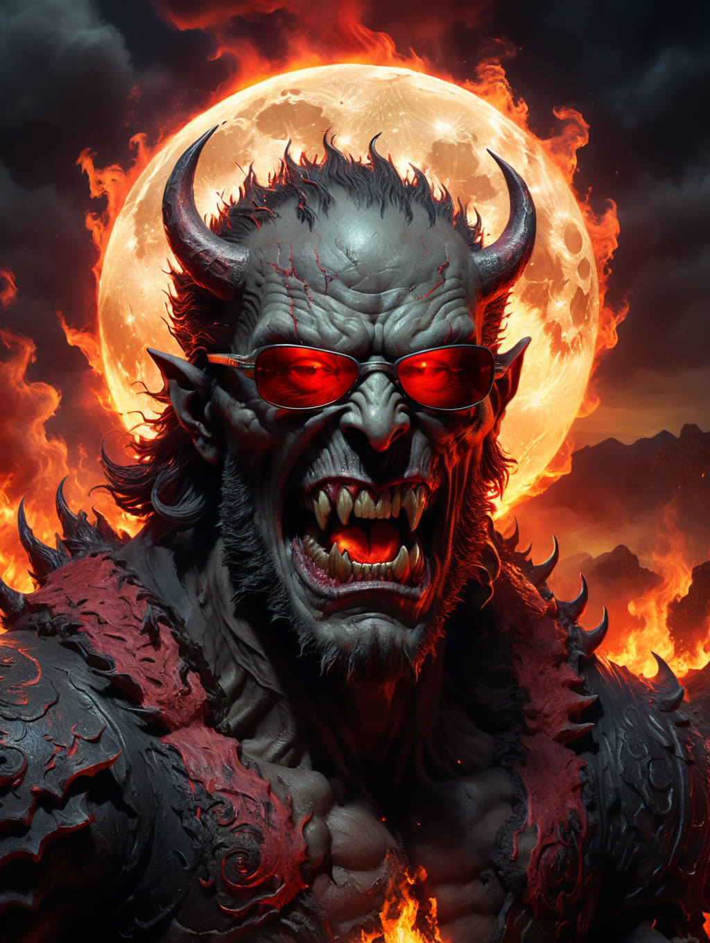 Premium Free ai Images | demon stand in fire wear sun glasses withou ...