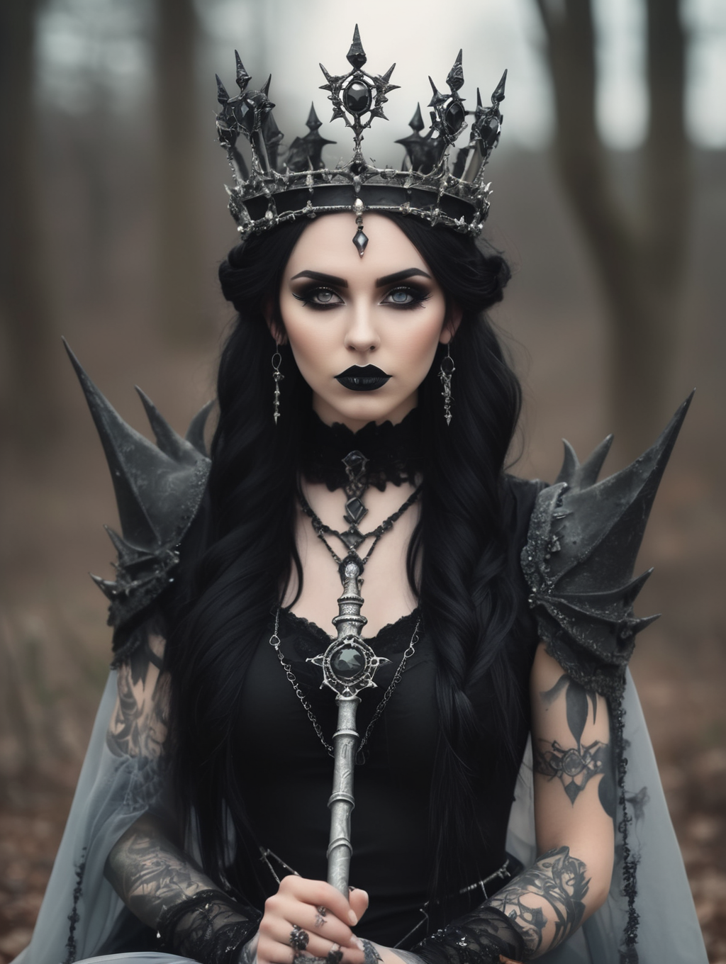 Premium Free ai Images | gothic girl with piercings and gothic crown holding magical staff ...