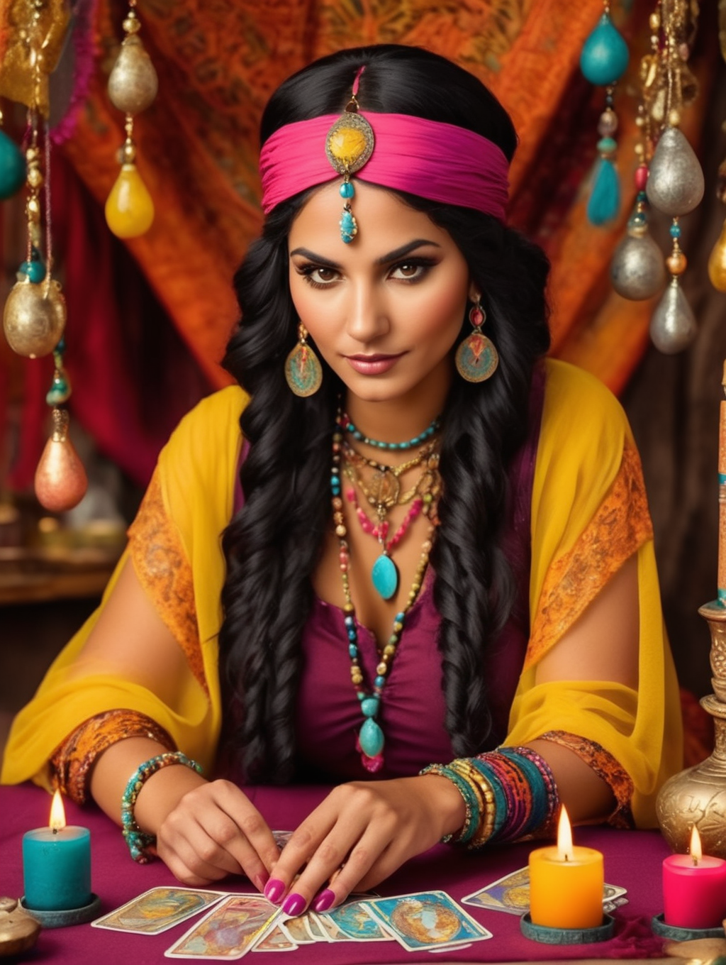 Premium Free ai Images | latina gypsy fortuneteller bright colors tarot ...