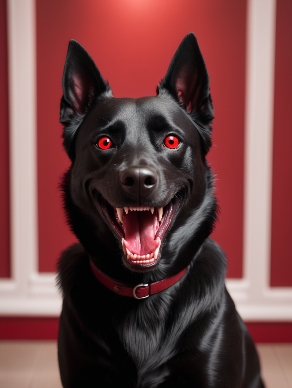 Premium Free ai Images | creepy black dog in dark and red room smiling ...