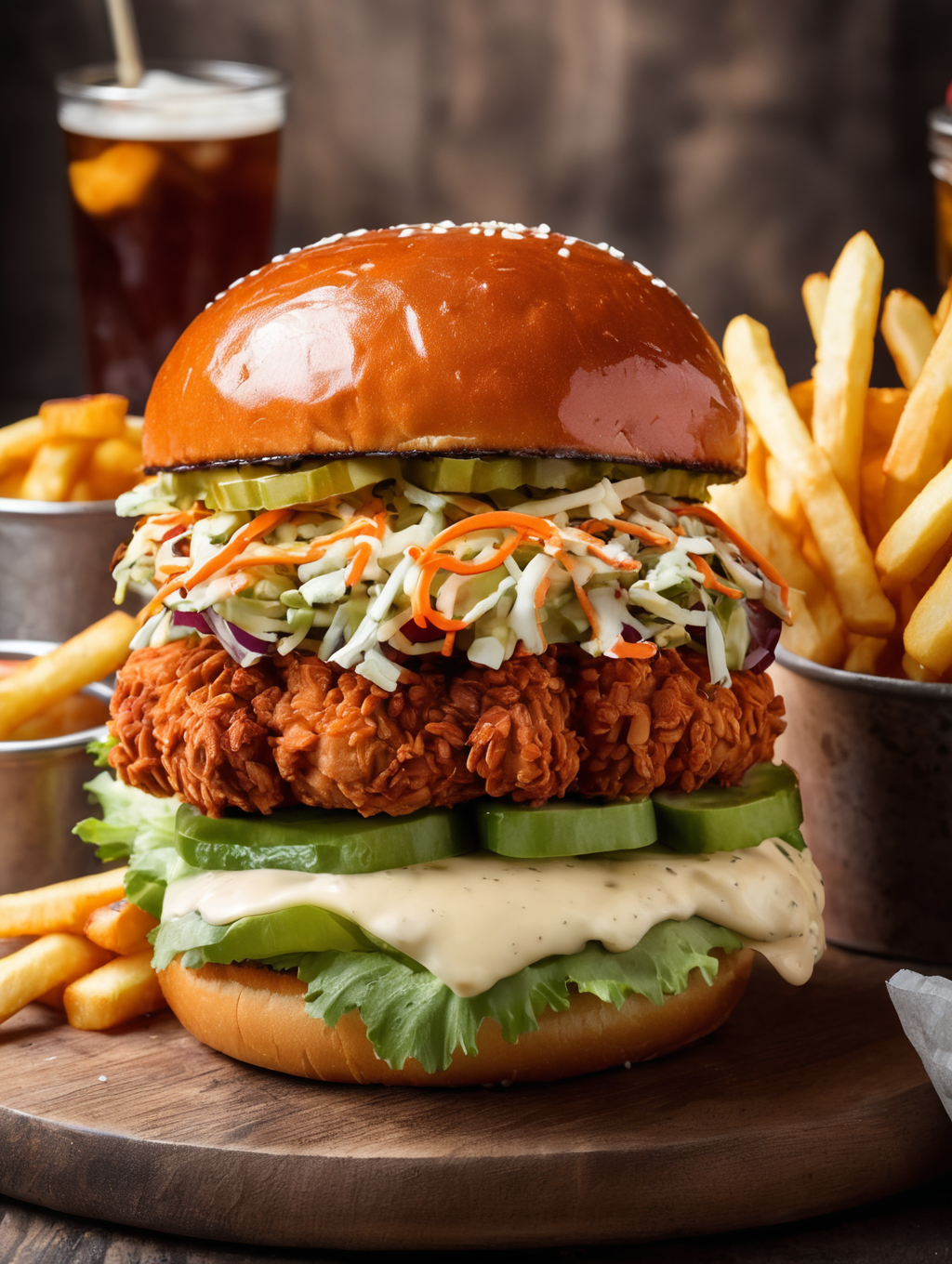 Premium Free ai Images | pretzel bun fried chicken thick burger with ...
