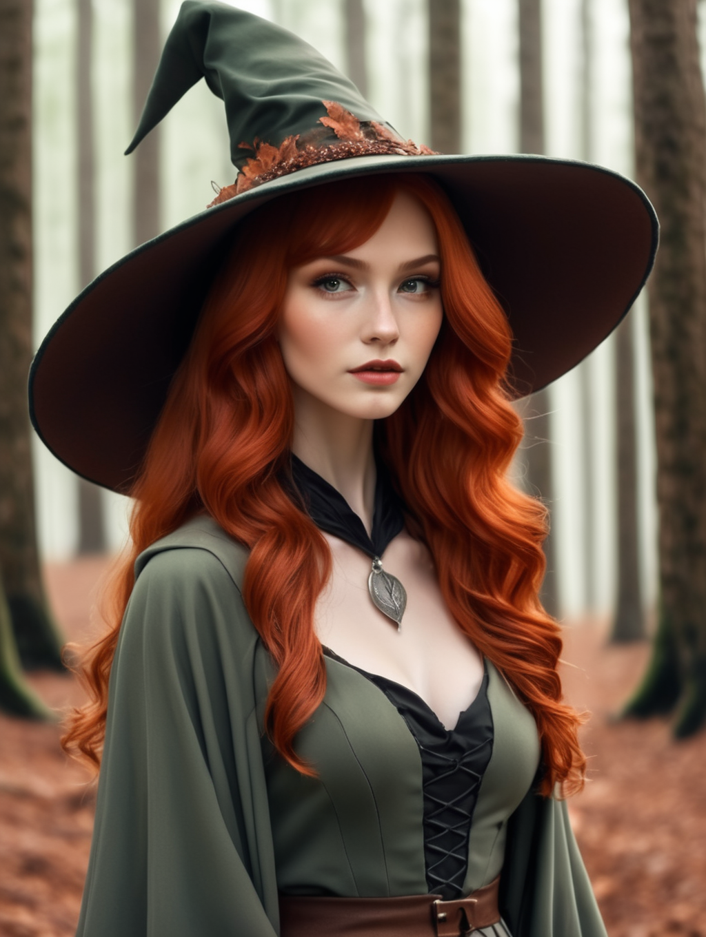 Premium Free ai Images | redhead witch forest hat demure