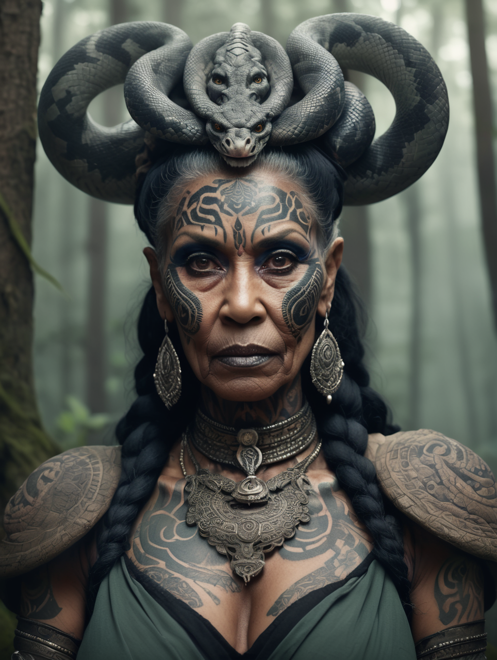 Premium Free ai Images | voodoo old woman with facial tattoos and big ...