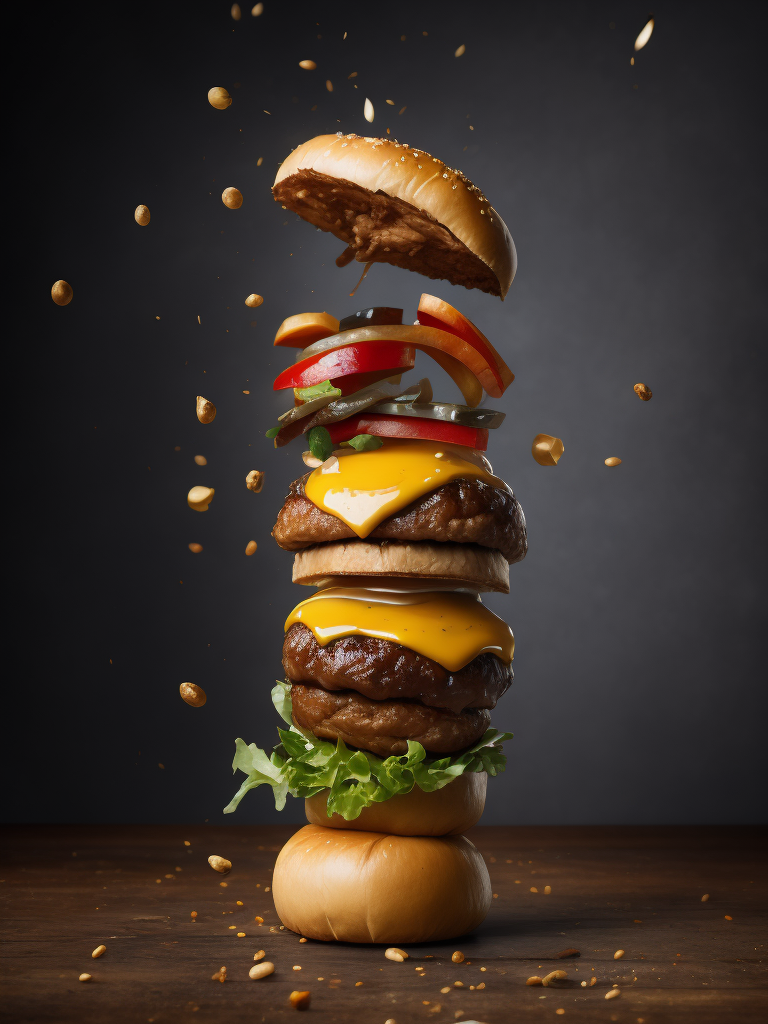Premium Free ai Images | hamburger falling into the air with lot of ...