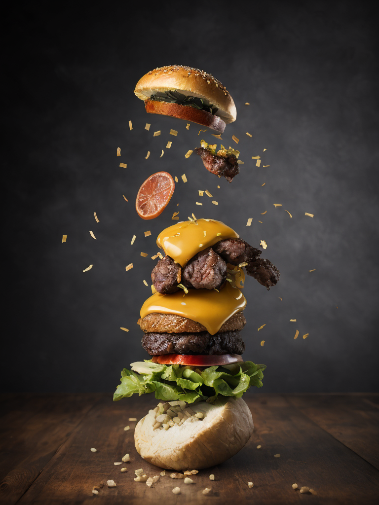 Premium Free ai Images | hamburger falling into the air with lot of ...