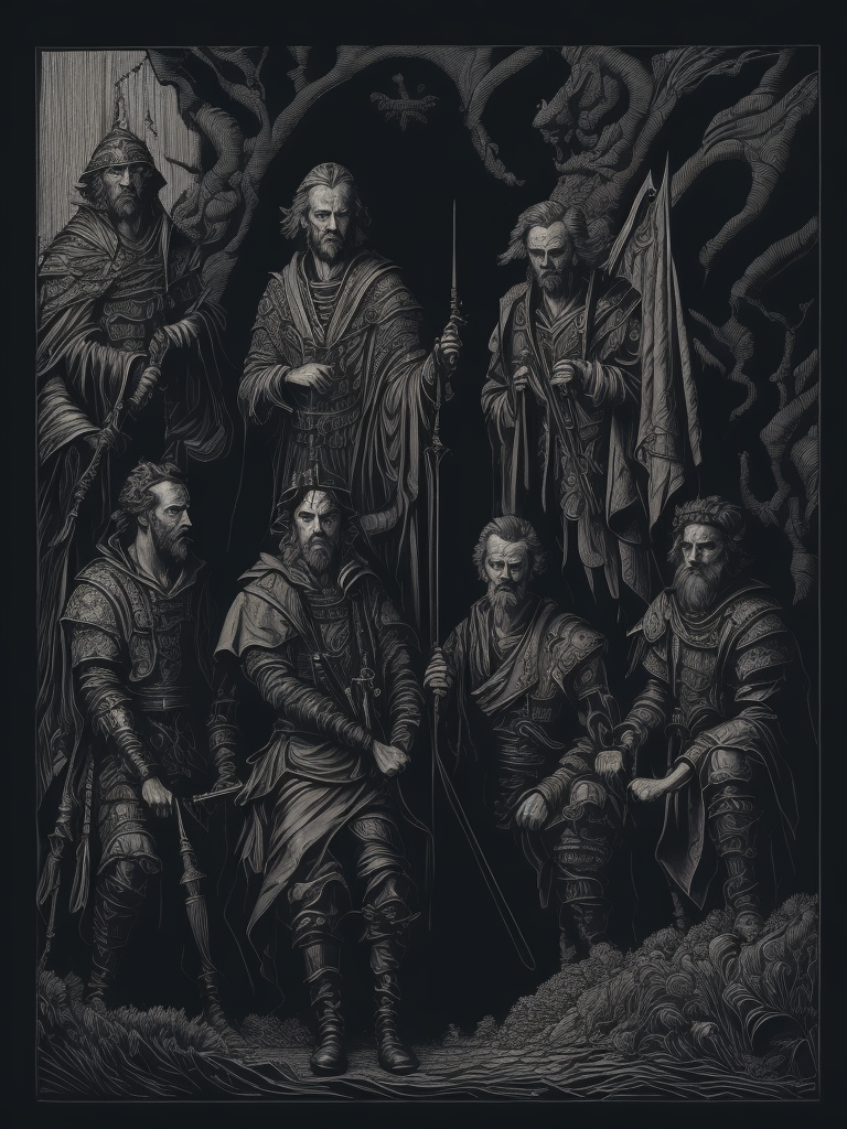 Premium Free ai Images | an award winning linocut four men of the ...