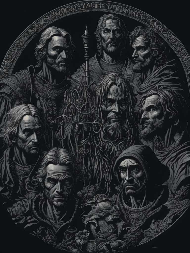 Premium Free ai Images | an award winning linocut four men of the ...