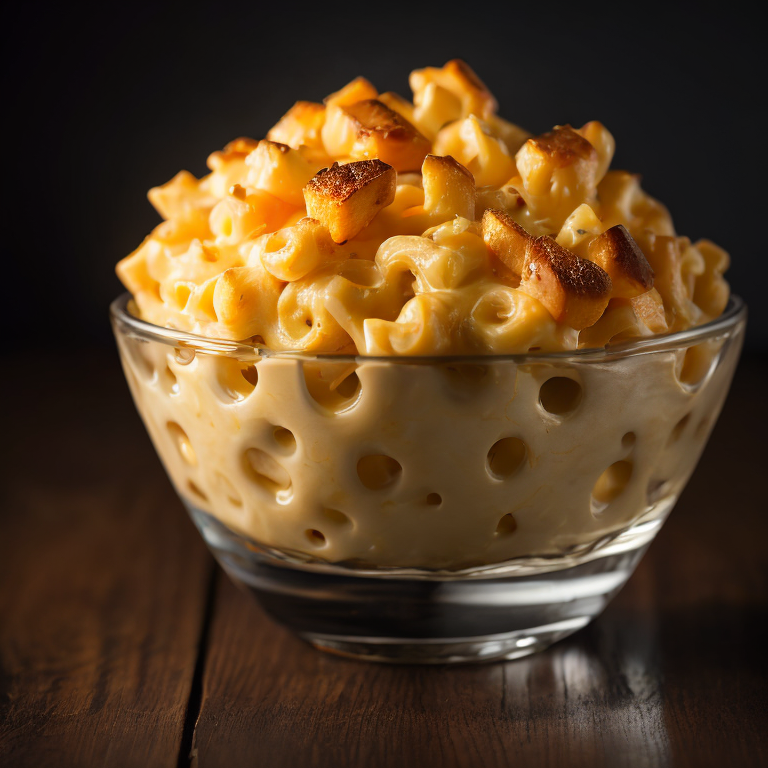 Premium Free ai Images | hot mac cheese in glass bowl on wooden table dark background high in ...
