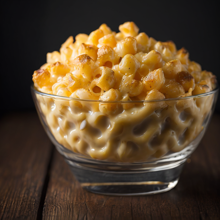 Premium Free ai Images | hot mac cheese in glass bowl on wooden table dark background high in ...