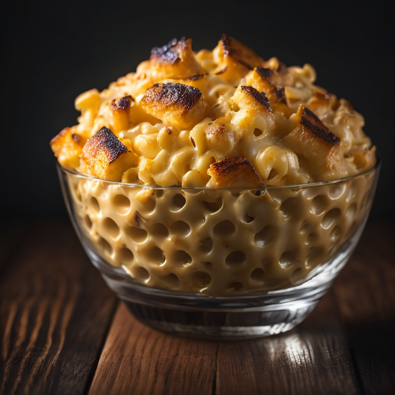 Premium Free ai Images | hot mac cheese in glass bowl on wooden table dark background high in ...
