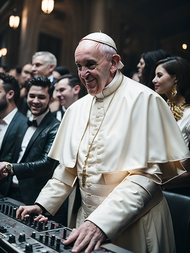 Premium Free ai Images | pope playing dj set white leather jacket and ...