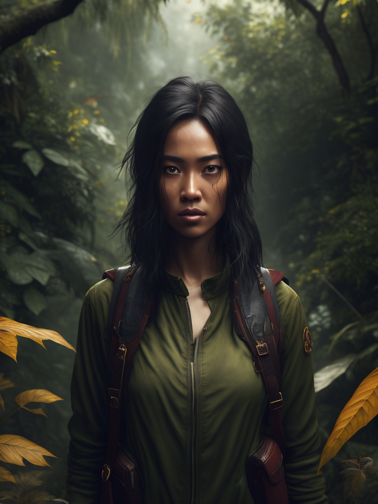Premium Free ai Images | indonesia young woman in jungle scifi rainy autumn dark details