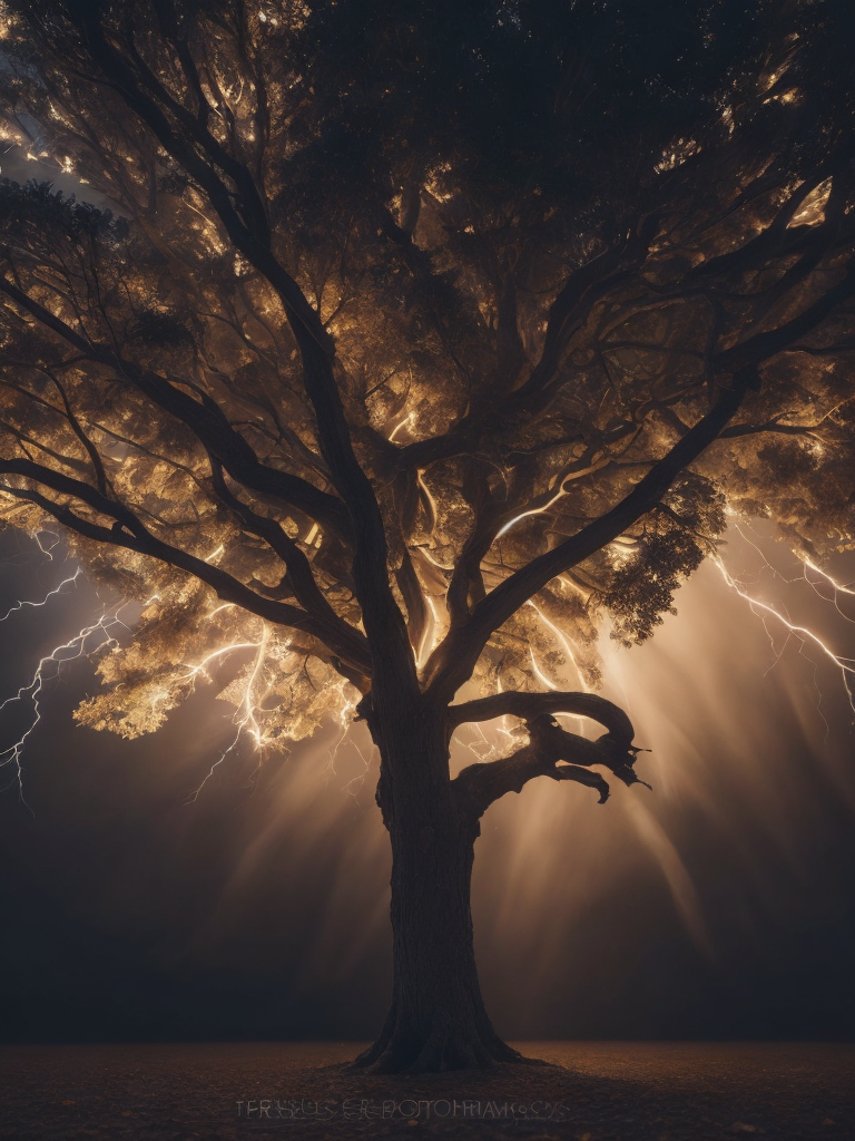 Premium Free ai Images | lightning strikes tree the tree catches fire