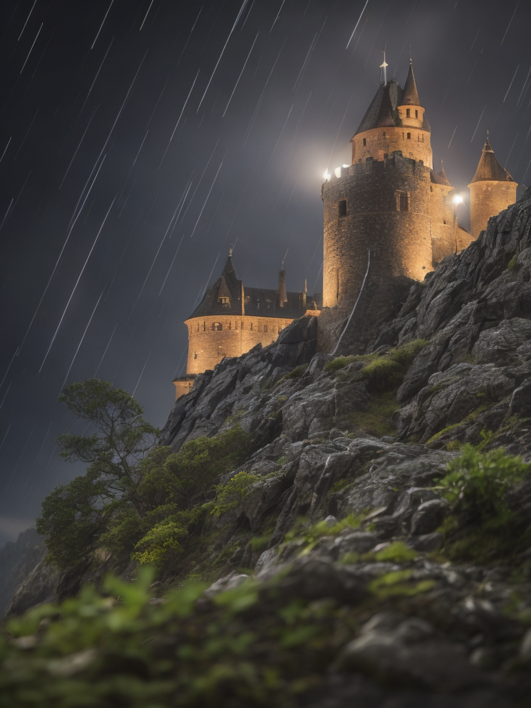 Premium Free ai Images | druculas castle rocks rain lightning