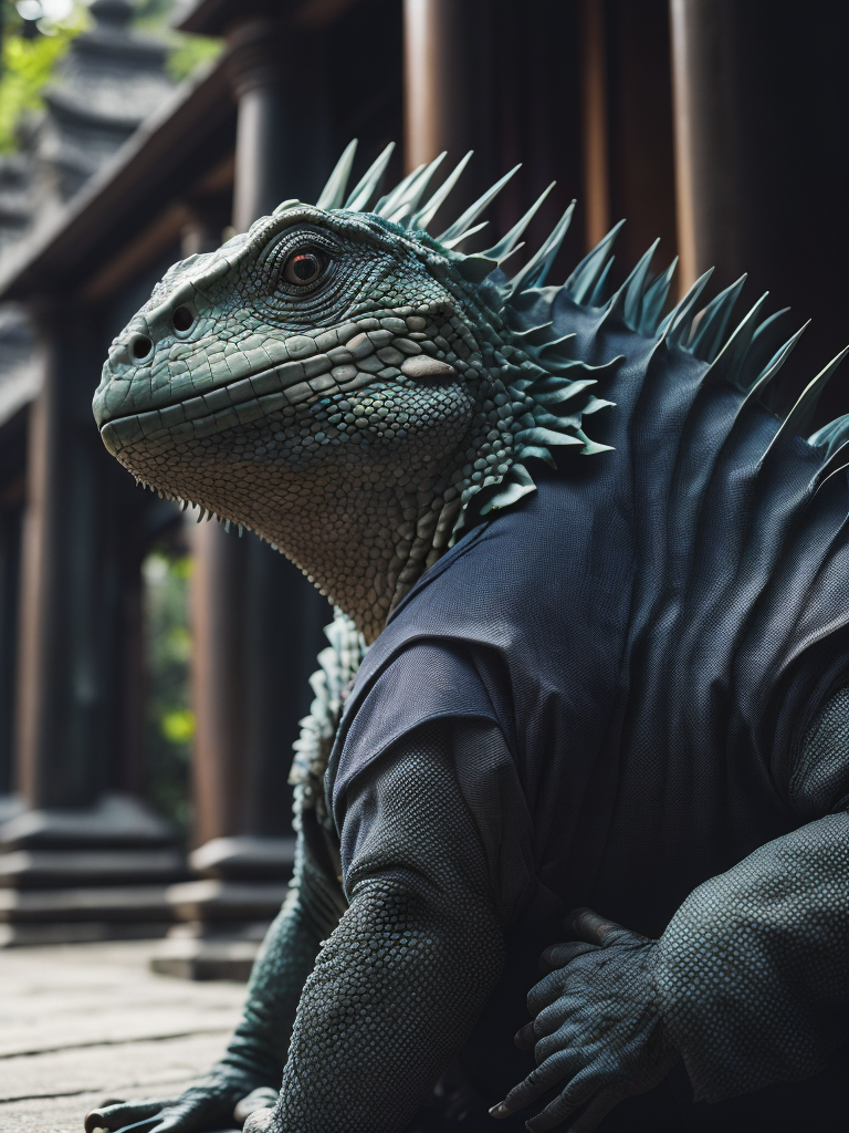 Premium Free ai Images | savage ninja iguana in temple laughing