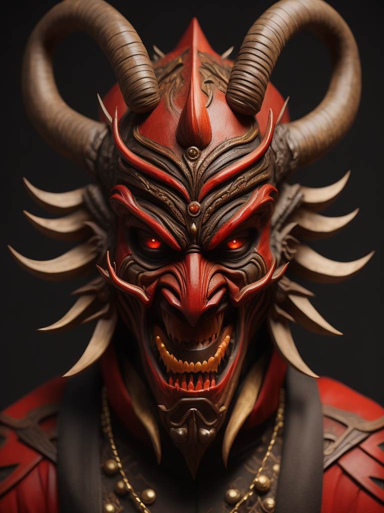 Premium Free ai Images | wooden red japanese demon mask with fangs and ...