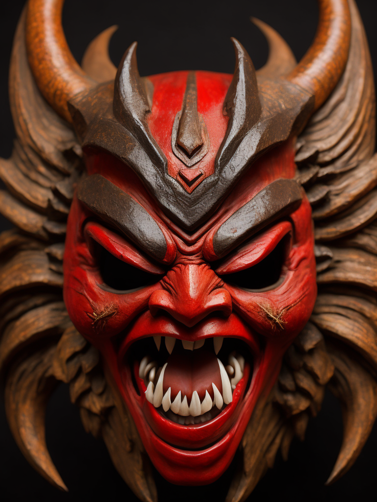 Premium Free ai Images | wooden red japanese demon mask with fangs and ...
