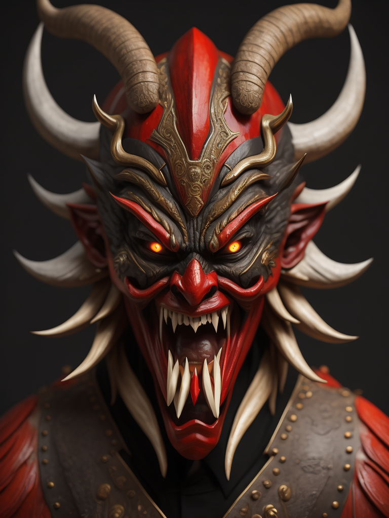 Premium Free ai Images | wooden red japanese demon mask with fangs and ...